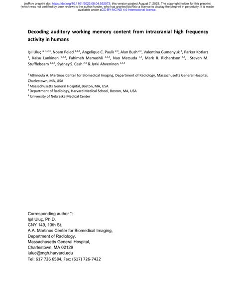 Pdf Decoding Auditory Working Memory Content From Intracranial High
