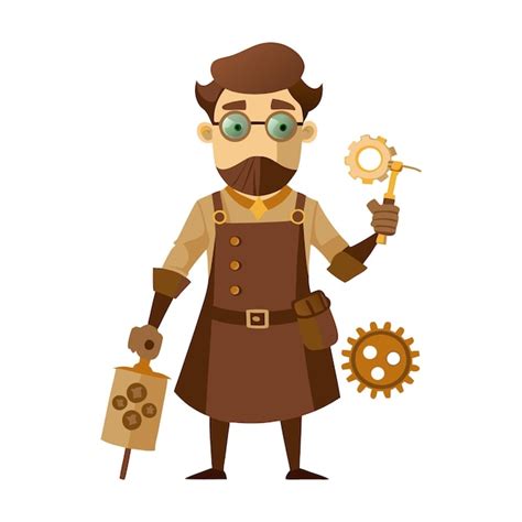 Cartoon Steampunk Inventor Character With Gears And Tools Premium Ai