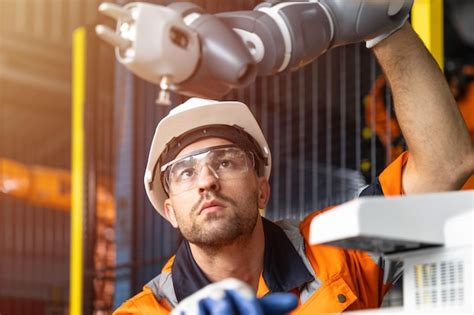 premium photo automation engineer service checking robotic arm new