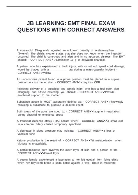 JB LEARNING EMT FINAL EXAM QUESTIONS WITH CORRECT ANSWERS 2025 EMT JB LEARNING Stuvia US