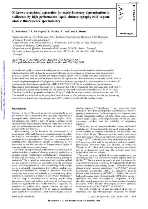 Pdf Microwave Assisted Extraction For Methylmercury Determination In Sediments By High