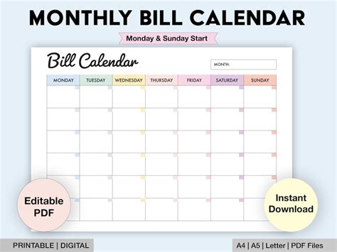 Printable Monthly Bill Calendar Free Bill Payment Calendar Graphic By