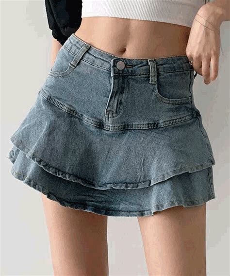 💙빈티지💙 속바지내장 하이틴 물결 2단 미니 연청 스커트 데님 치마 A라인 플리츠 워싱 스판 청 스커트 Hy~29 에이블리