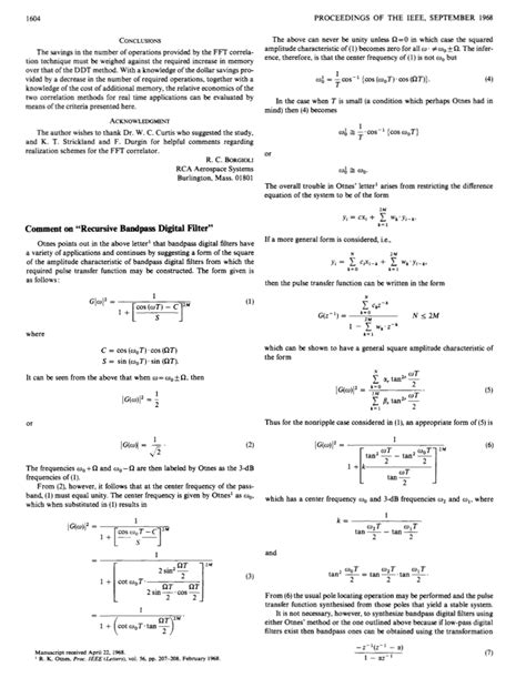 pdf comment on “recursive bandpass digital filter”