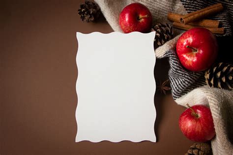 빨간색으로 익은 사과 계피 스틱 갈색 배경에 소나무 콘의 흰색 카드가있는 프레임 추수 감사절의 가을 수확 가을 템플릿 계피에