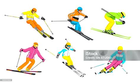 하얀 배경에 고립된 스키어들 다채로운 아이콘 스키어 타기 점프 산 경사면의 슬라이드 스키 액션 활강 슬라롬 프리라이드 프리스타일 겨울 알프스에서 스키를 타십시오 벡터 그림