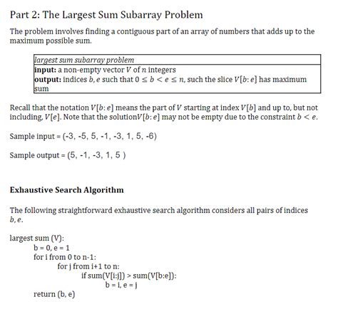 solved part 2 the largest sum subarray problem the problem