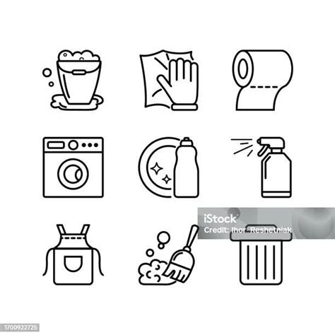 청소 도구 라인 아이콘입니다 세척 스프레이 먼지 닦기 가사 서비스를 위한 청소 품목 편집 가능한 획 벡터 가방에 대한 스톡 벡터 아트 및 기타 이미지 Istock
