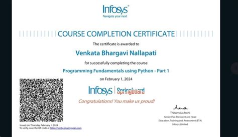 Venkata Bhargavi Nallapati On Linkedin Im Happy To Share My First Certificate With Infosys In