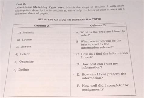 Test C Directions Matching Type Test Match The Steps In Column A With Each Appropriate