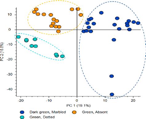 Pca Plot Pc1 Vs Pc2 Of Green Absent Green Dotted And Dark