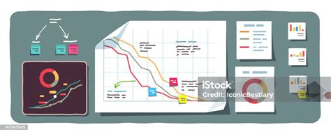 금융 바 도넛 꺾은선형 차트 세트 감소 상승 라인 차트 다이어그램 보드의 종이 시트에 재무 진행 상황 분석 비즈니스 프리젠 테이션 보고서 인포 그래픽 평면 벡터 일러스트