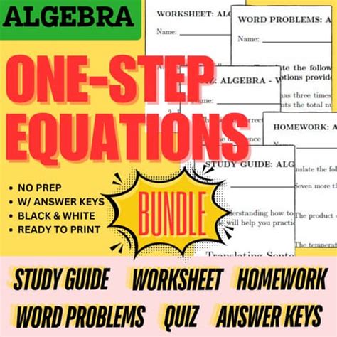 One Step Equations Algebra Bundle Study Guide Worksheets Quiz Answers