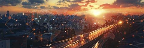 Digital World Map Overlay On Fast Moving Highway Stock Illustration