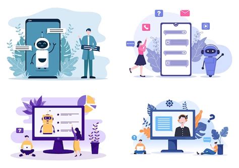 로봇 가상 지원 또는 Chatbot 배경 벡터 일러스트 레이 션 온라인 기술 지원 및 메시징을 통한 사람들의 스마트폰 대화