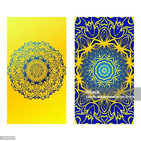 텍스트에 대 한 공간을 가진 초대장 템플릿 인사말 카드의 집합입니다 만다라 디자인 벡터 일러스트입니다 옐로우 블루 색상 0명에 대한 스톡 벡터 아트 및 기타 이미지 Istock