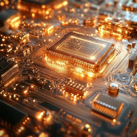 Golden Circuit Board Close Up With Glowing Microchip And Complex