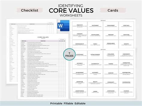 Identifying Core Values Worksheets Clarification Core Values Cbt Worksheet Etsy Core