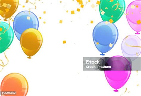 배경에 고립 된 사실적인 다채로운 헬륨 풍선 생일 기념일 축하를위한 파티 장식 프레임 메시지 프레젠테이션 또는 Id 레이아웃 그래픽 템플릿 및 아이디어 건강한 식생활에 대한