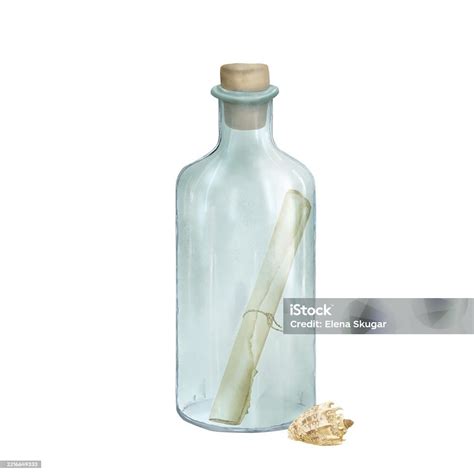 마개가 달린 낡은 유리병 안에 두루마리가 있고 수채화 그림이 있습니다 메모와 조개껍질이 있는 바다 병 흰색 배경에 격리되어 있습니다 테마는 해양 디자인과 어린이 장식입니다