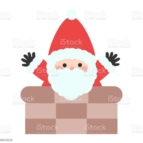 귀여운 유머 산타 클로스가 굴뚝에서 손을 흔들며 손을 보여줍니다 흰색 배경에 격리 평면 디자인 Eps10 벡터 12월에 대한 스톡 벡터 아트 및 기타 이미지 Istock