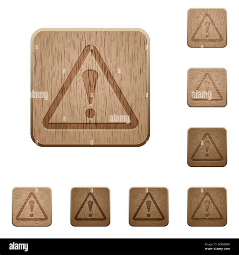 Set Of Carved Wooden Warning Buttons 8 Variations Included Arranged Layer Structure Stock