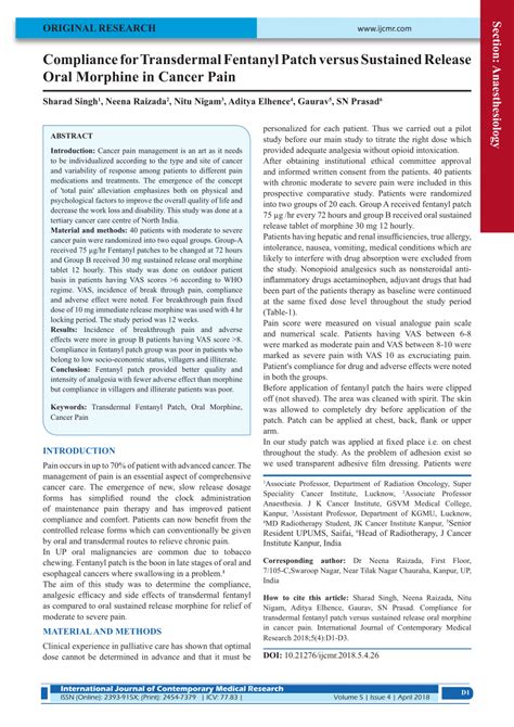 Pdf Compliance For Transdermal Fentanyl Patch Versus Sustained Release Oral Morphine In Cancer