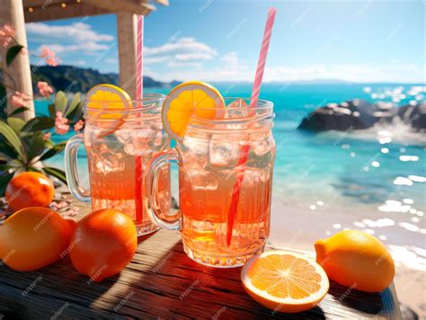 Premium Photo Two Refreshing Drinks With Lemon Slices On A Beach With