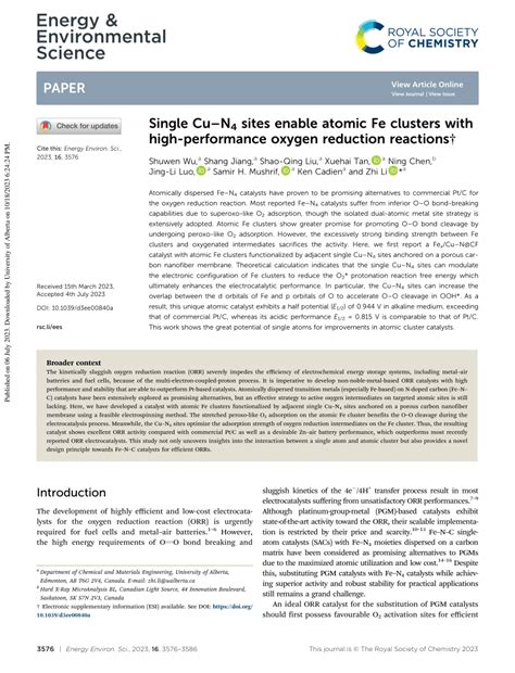 Pdf Single Cu‒n4 Sites Enable Atomic Fe Clusters With High Performance Oxygen Reduction Reaction