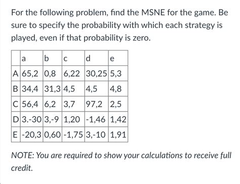 solved for the following problem find the msne for the