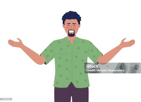 수염 난 남자 인사 활짝 열린 팔 세미 플랫 컬러 벡터 캐릭터 자신감에 대한 스톡 벡터 아트 및 기타 이미지 자신감 2차 도형 갈색 Istock