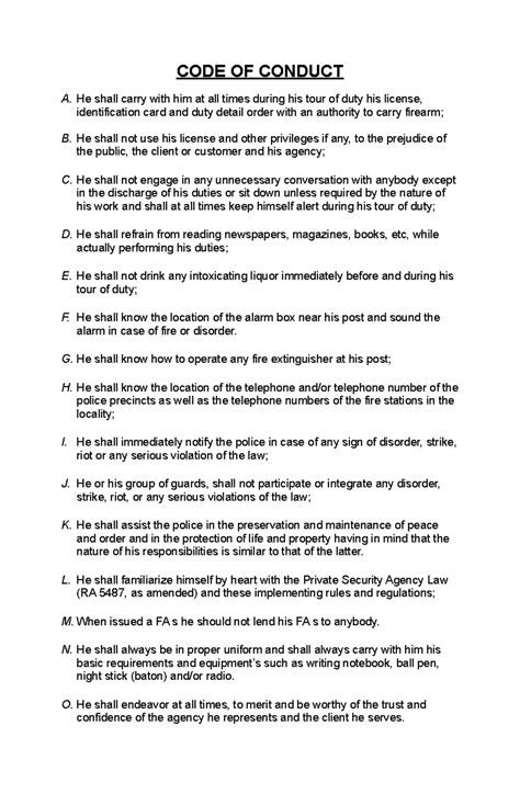 Code Of Conduct Security Matters Code Of Conduct A He Shall Carry With Him At All Times