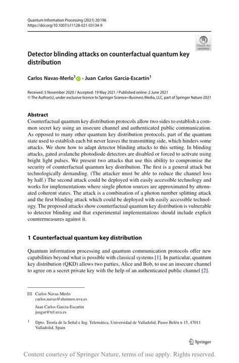 Detector Blinding Attacks On Counterfactual Quantum Key Distribution Request Pdf