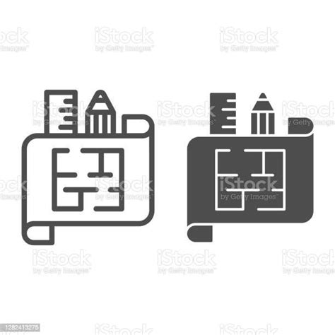 눈금자와 연필 라인과 단단한 아이콘 인테리어 디자인 개념 흰색 배경에 건축 집 계획 표지판 윤곽 스타일의 집 계획 아이콘종이에