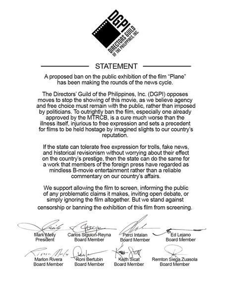 Directors Guild Of The Philippines Incs Statement On The Proposed Ban Of The Movie Plane R