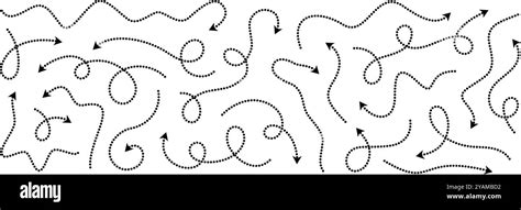 Comic Dotted Thin Arrow Set Wavy Curved Dashed Pointer Collection Squiggle Sketchy Direction