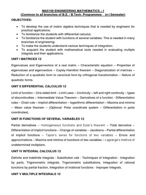 Ma5158 Engineering Mathematics Syllabus Pdf Derivative Integral Ma5158 Engineering Mathematics Syllabus Pdf Derivative Integral