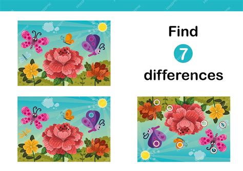 아이들을 위한 7가지 차이점 찾기 교육 게임 봄날 꽃 위를 나는 행복한 나비 프리미엄 벡터