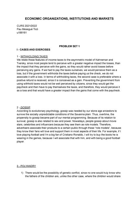Problem Set 1 Eoim Upf Economic Organizations Institutions And Markets Curs 2021 Pau Mesegué