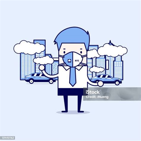 출근하기 전에 보호 마스크를 쓰고 있는 사업가 먼지 마스크 N95는 Pm25 대기 오염 개념을 방지합니다 만화 캐릭터 얇은 선 스타일 벡터 N95 페이스 마스크에 대한 스톡