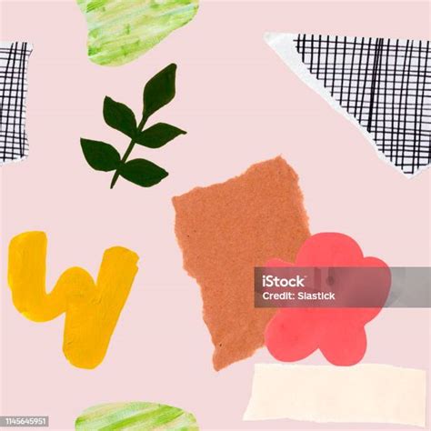 구 아 슈와 종이 콜라주 완벽 한 패턴입니다 Trandy 추상 콜라주입니다 종이 요소 스케치 낙서 선 도트 꽃 나뭇잎 모양을 잘라냅니다 손으로 그린 그림 포장 커버 등 0