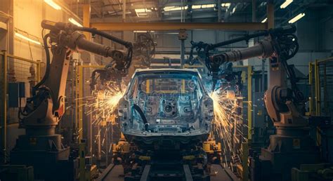 Generative Ai Robotic Arms Assembling Car Components In A Modern Factory Stock Illustration