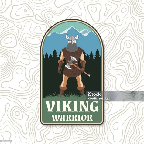 바이킹 전사 배지 스티커 벡터 일러스트 레이 션입니다 엠블럼 라벨의 경우 패치 디자인 전령 방패 바이킹과 헬멧 전투 더블 도끼 T 셔츠에 대한 스톡 벡터 아트 및 기타