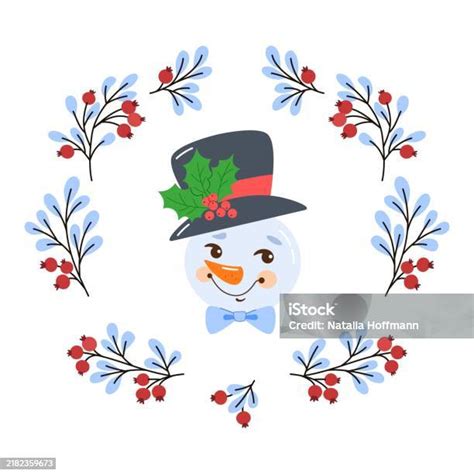 크리스마스 침엽수 푸른 둥근 화환 빨간 열매 프레임 모양 눈사람 머리 모자 중앙에 홀리 가지 와 가공의 인물에 대한 스톡 벡터 아트 및 기타 이미지 Istock