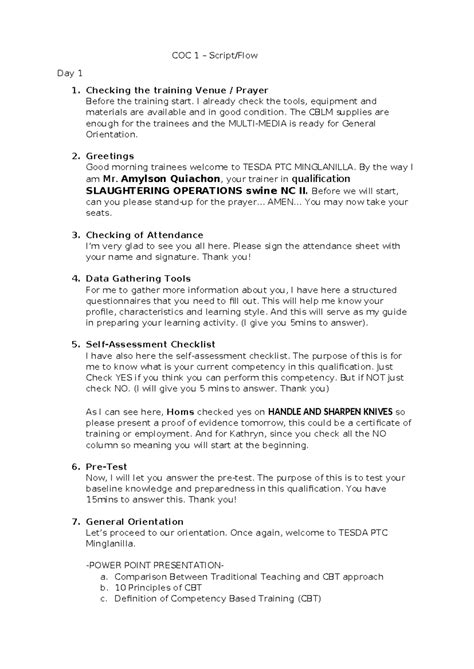 COC 1 Flow Script - COC 1 – Script/Flow Day 1 1. Checking the training Venue / Prayer Before the ...