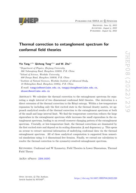 Pdf Thermal Correction To Entanglement Spectrum For Conformal Field