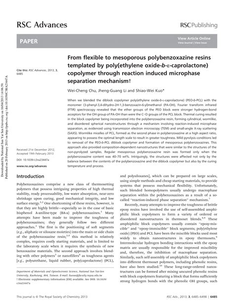 Pdf From Flexible To Mesoporous Polybenzoxazine Resins Templated By Polyethylene Oxide B ε