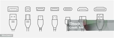 케이블 커넥터 및 플러그 라인 아이콘 세트 Usb Hdmi 이더넷 아이콘 세트 미니 마이크로 라이트닝 유형 A B C 커넥터