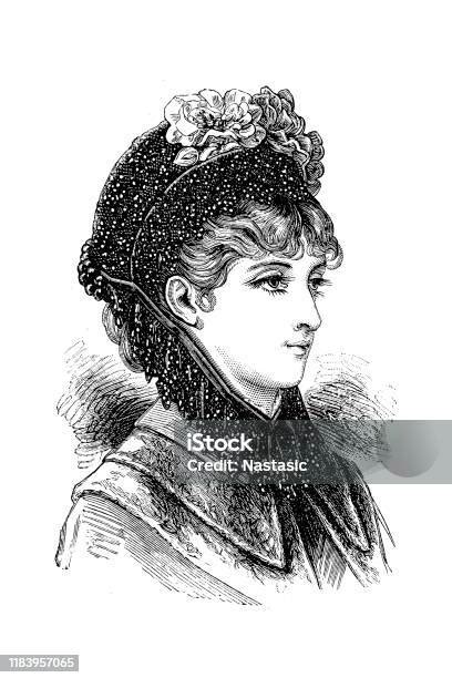 구슬 레이스 19 세기의 패션으로 만든 모자를 착용 하는 여자 19세기에 대한 스톡 벡터 아트 및 기타 이미지 19세기