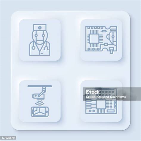 세트 라인 로봇 의사 인쇄 회로 기판 pcb 무선 제어 cctv 보안 카메라 및 인쇄 회로 기판 pcb 흰색 정사각형 버튼 벡터